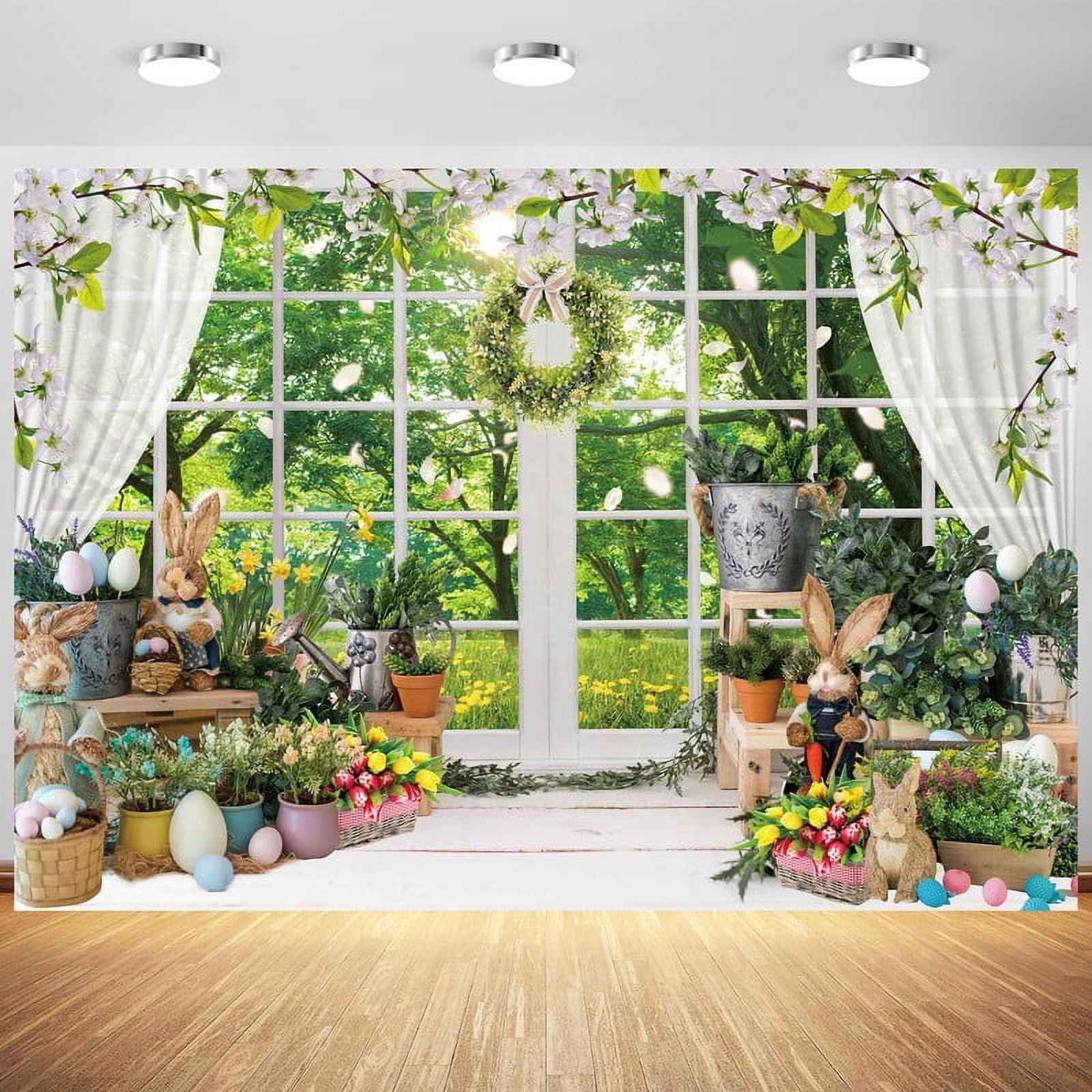 8x6FT Spring Easter Window Scenery Backdrop Rabbit Easter Eggs White ...