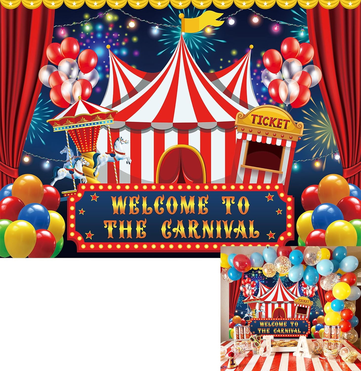 8x6ft Carnival Circus Party Backdrop Decor Circus Tent Carousel Ticket ...