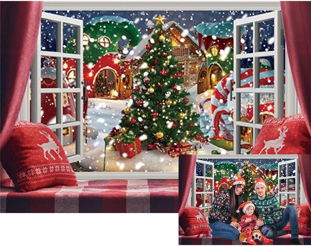 8x6ft Christmas Window Backdrop - Cartoon Christmas Village Background ...