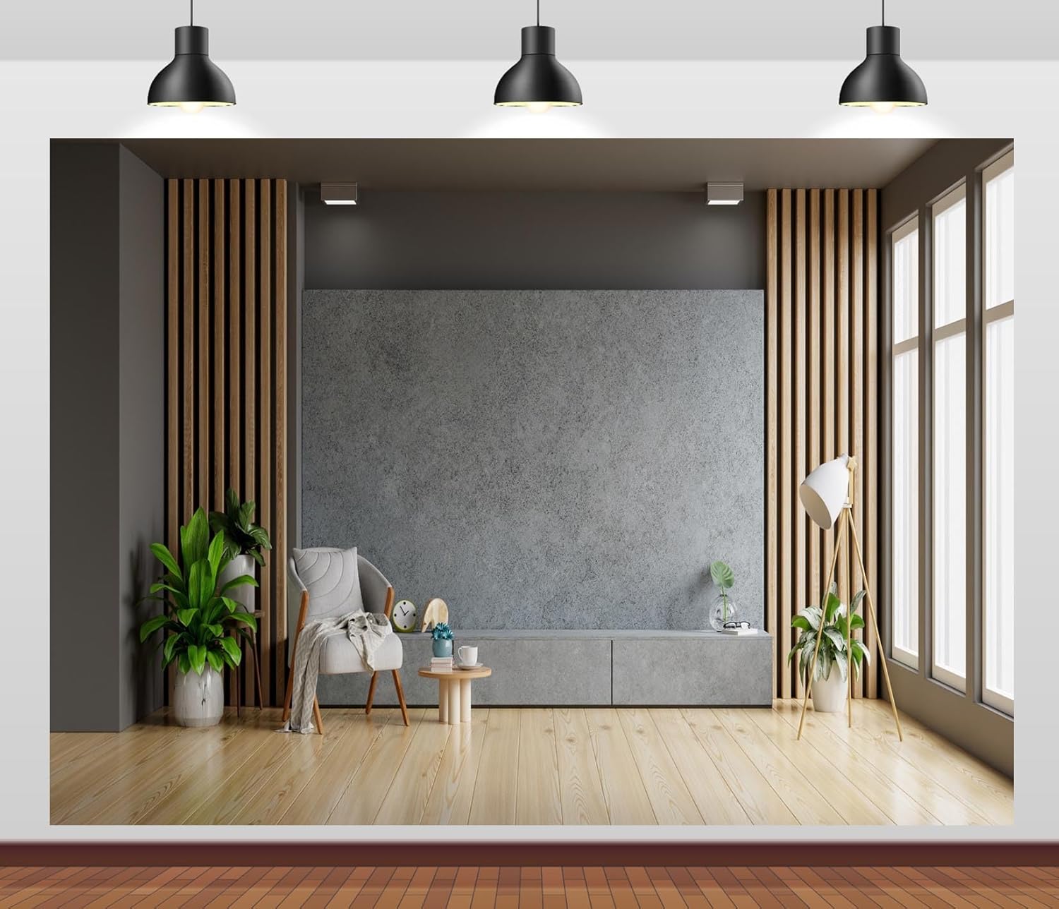 8x6ft Fabric Modern Living Room Backdrop Interior Wooden Floor Concrete ...
