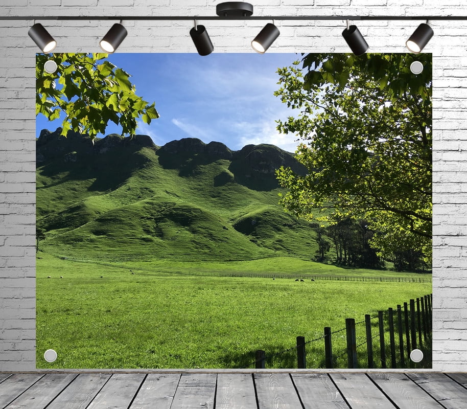 8x6ft Grass Backdrop Green Pasture with Hills and Wooden Fence Photo Backdrop Greenery ...
