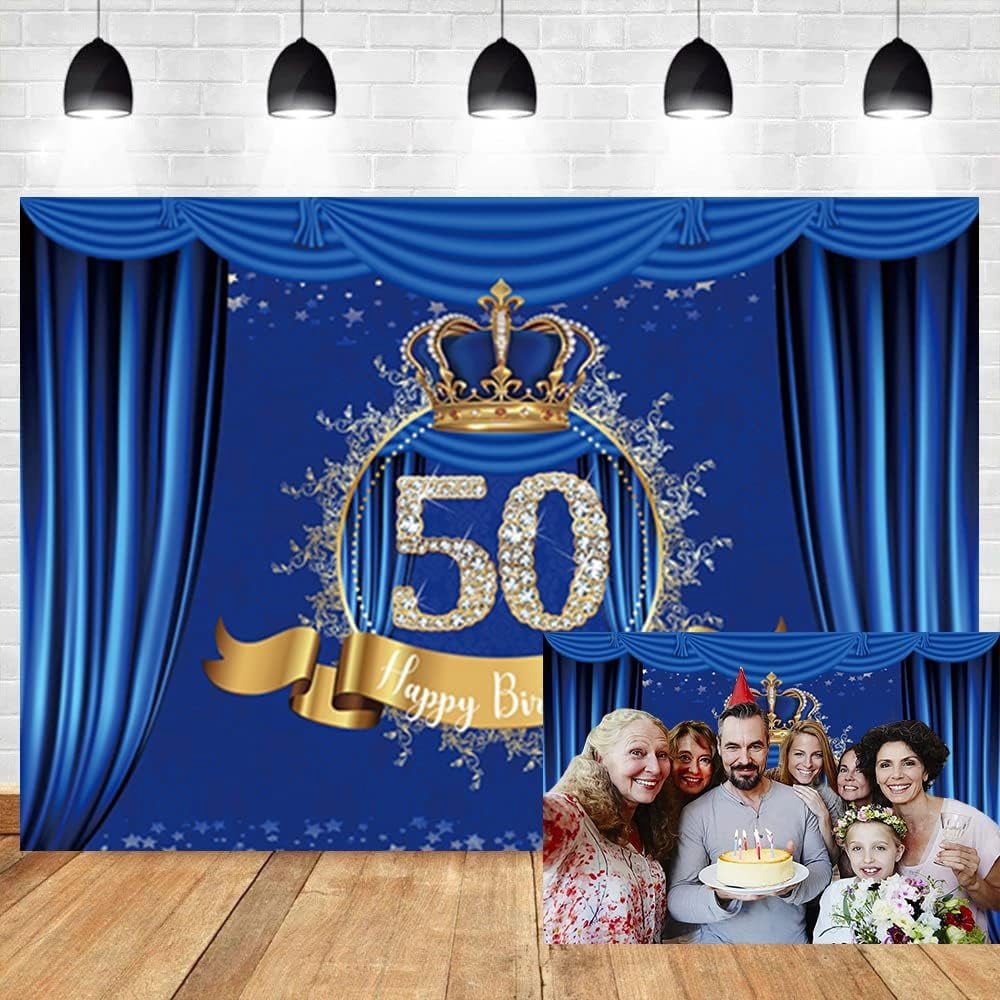 8x6ft Happy 50th Birthday Backdrop Blue Curtain Luxury Golden Crown ...