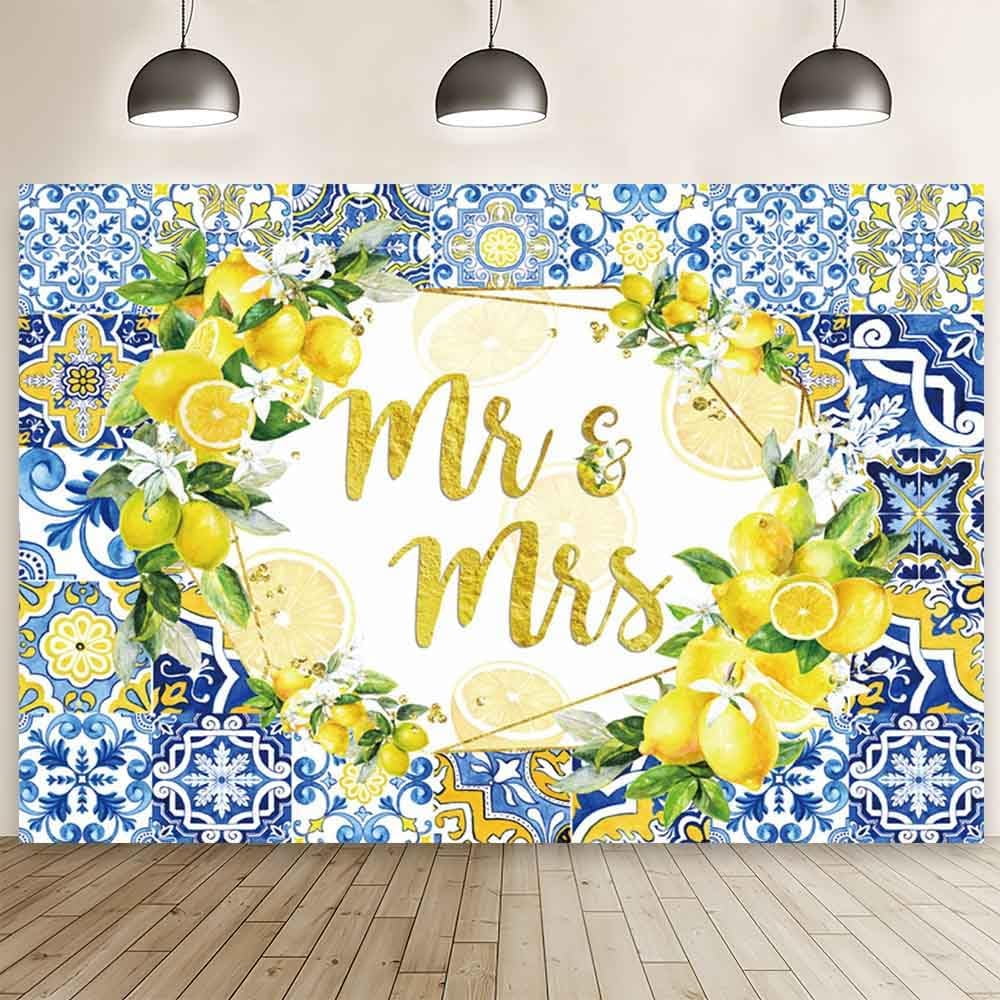 8x6ft Lemon Mr and Mrs Wedding Backdrop for Bridal Blue Tile Engagement ...