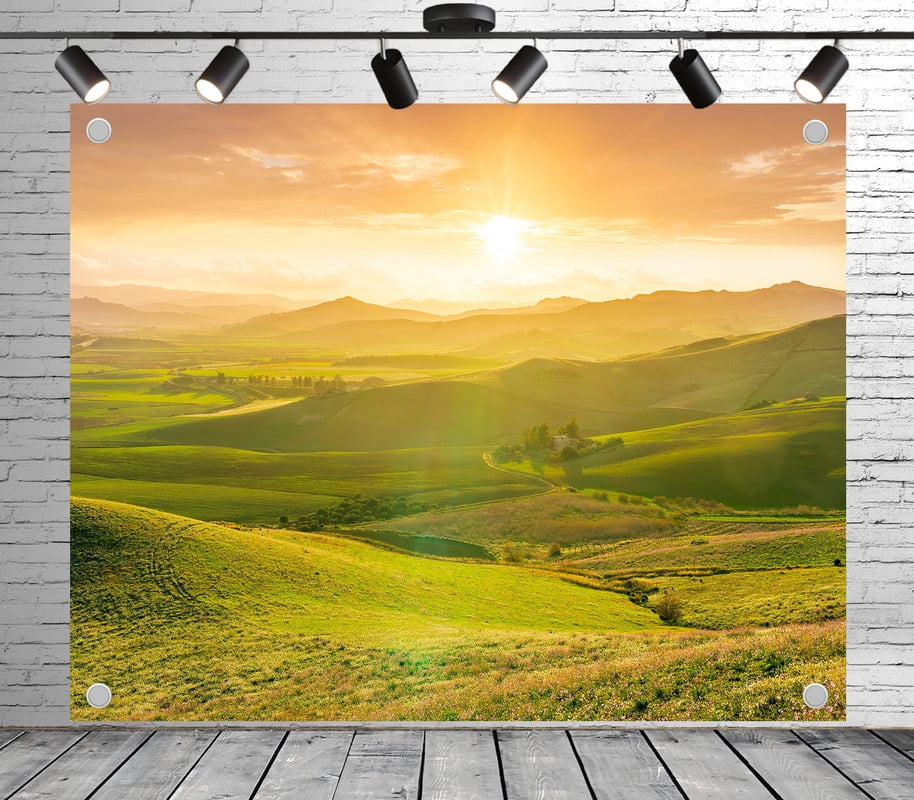8x6ft Outdoor Background Golden Sunlight Green Rolling Hills Scenic ...