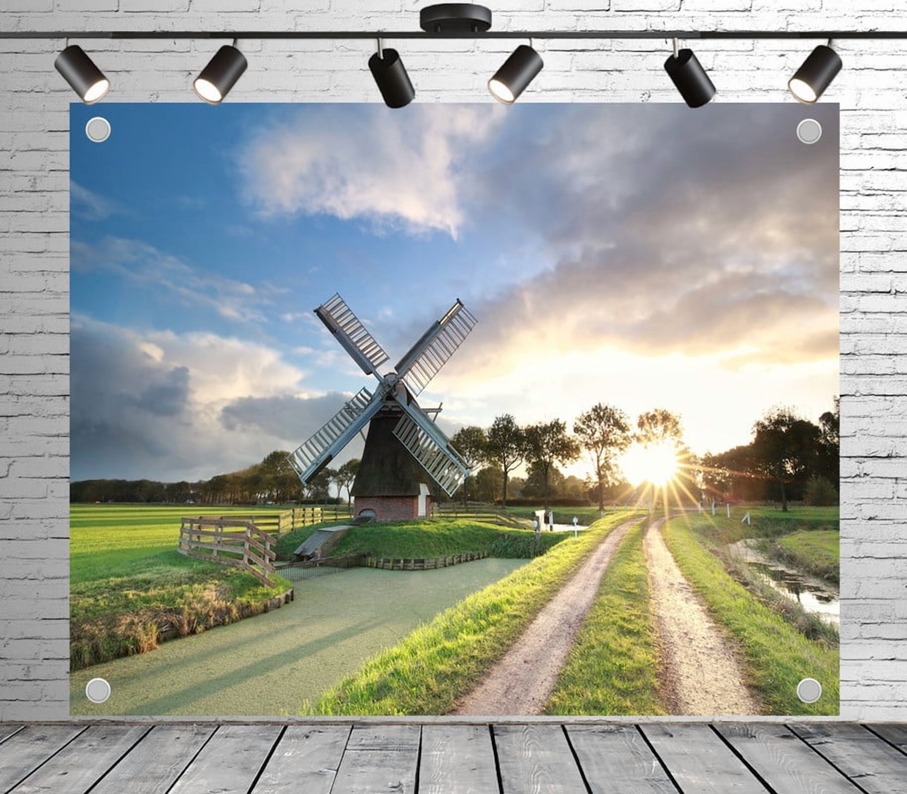 8x6ft Outdoor Background Windmill Sunset Blue Sky Clouds Green field ...