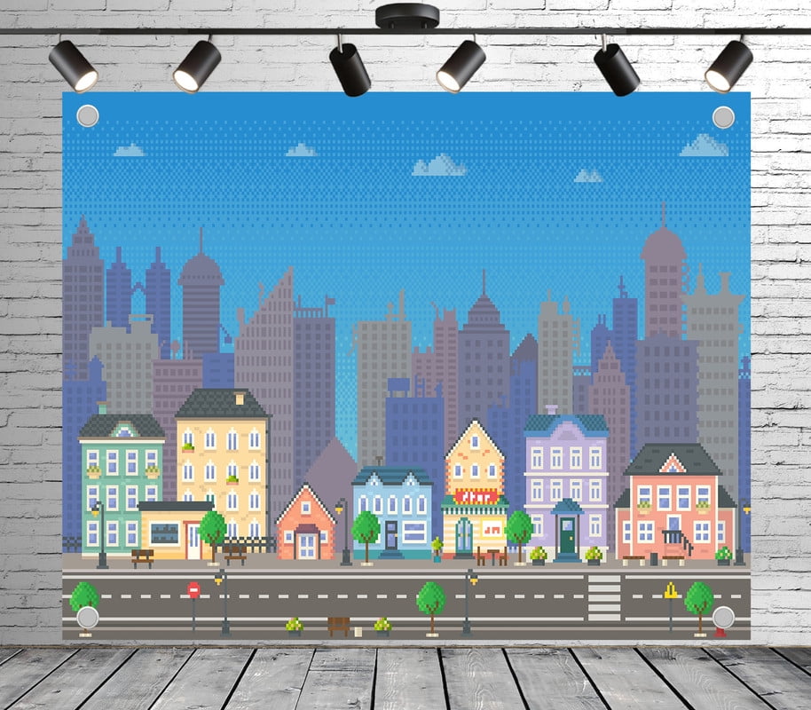 8x6ft Party Backdrop City Street Photo Backdrop Pixel Art Background ...