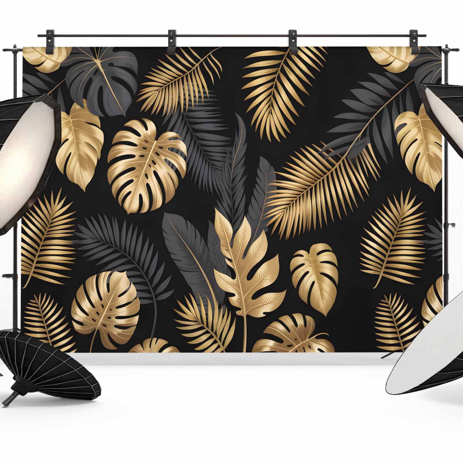 8x6ft Photo Backdrop, Black Golden Palm Leaf Soft Polyester Backdrop ...