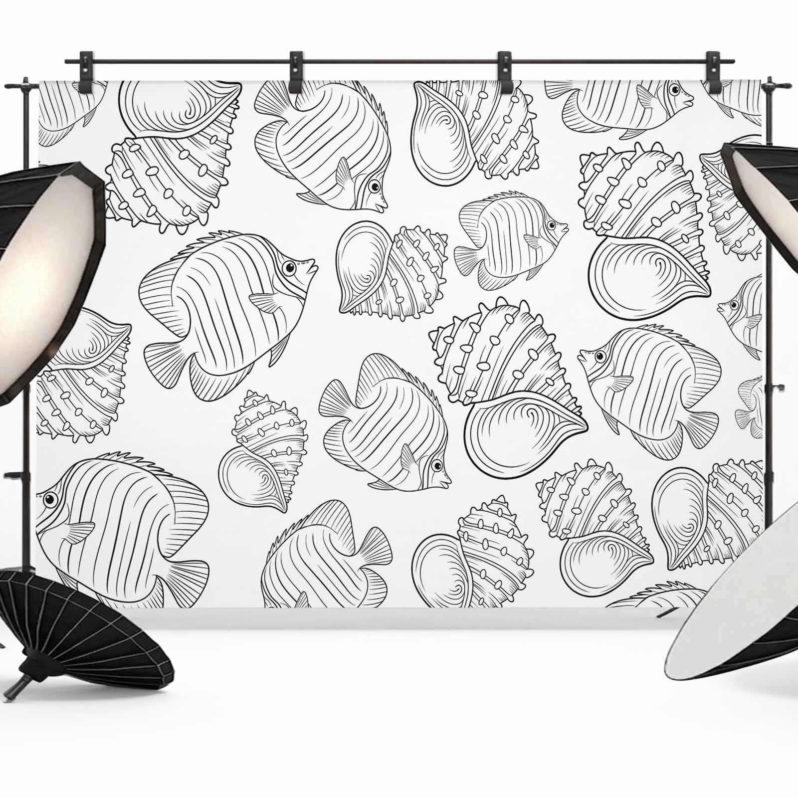 8x6ft Photo Backdrop, Line Drawing Fish Soft Polyester Backdrop ...