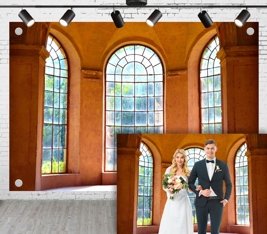 8x6ft Retro Interior Wedding Backdrop Three Arched Glass Windows ...