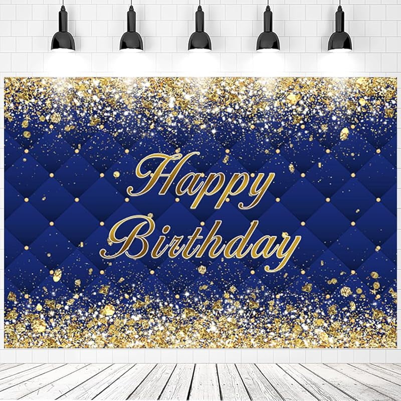 8x6ft Royal Blue Happy Birthday Backdrop Banner for Photoshoot Portrait Gold Diamonds ...