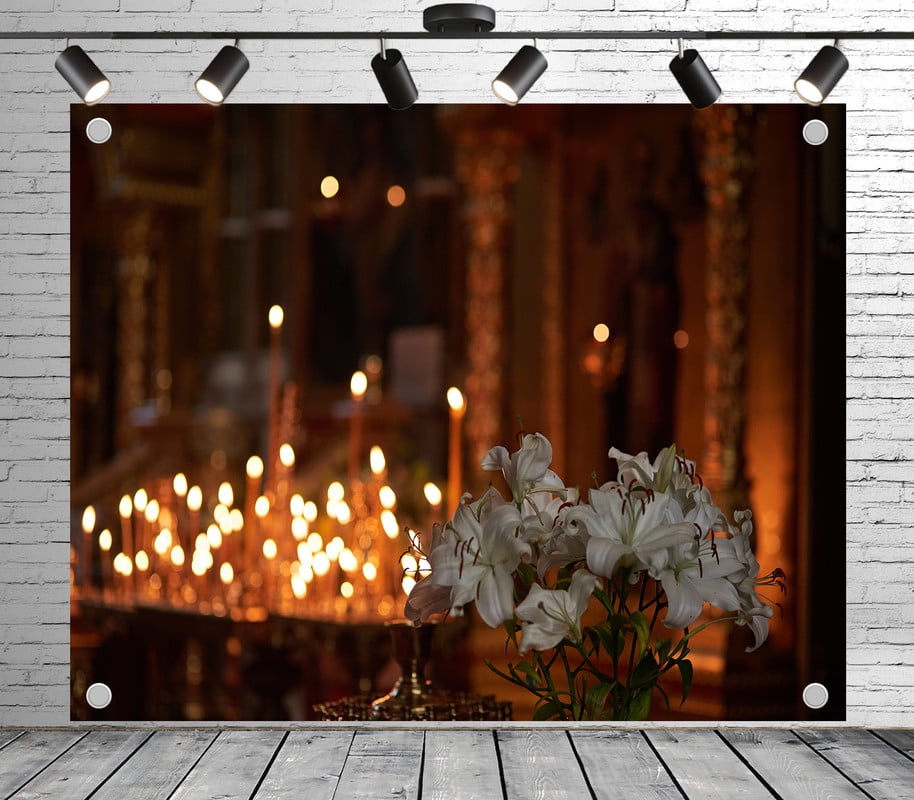 8x6ft Rustic Backdrop Church Interior with Candles and Lilies Photo ...