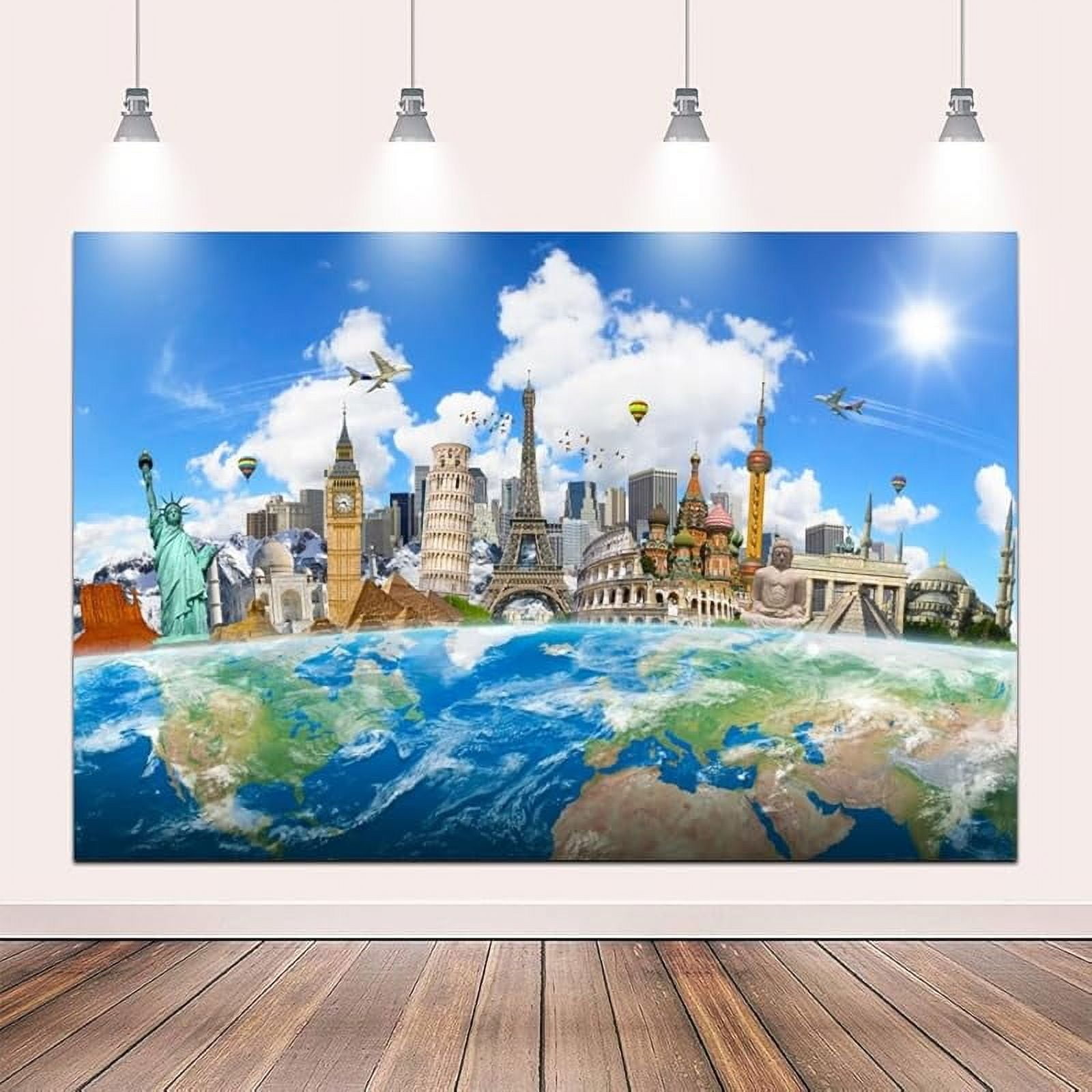 8x6ft World Map Global Travel Backdrop Worldwide Famous Landmark ...