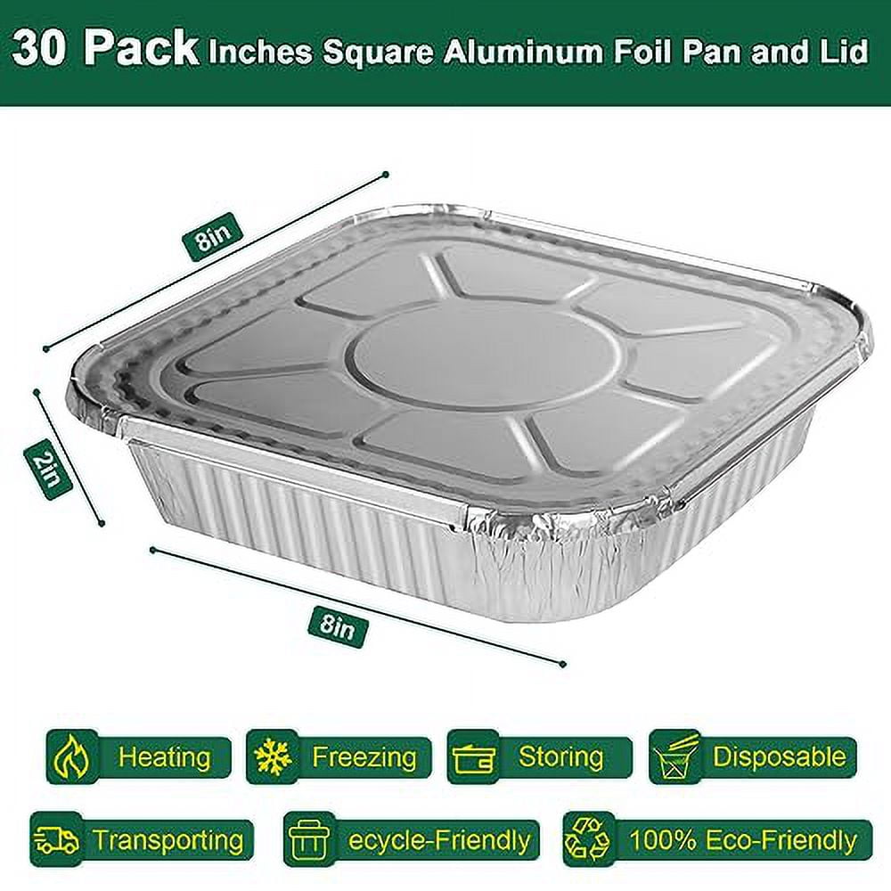 8x8 Aluminum Foil Pans with Lids - 30 Pack Square Disposable Baking ...