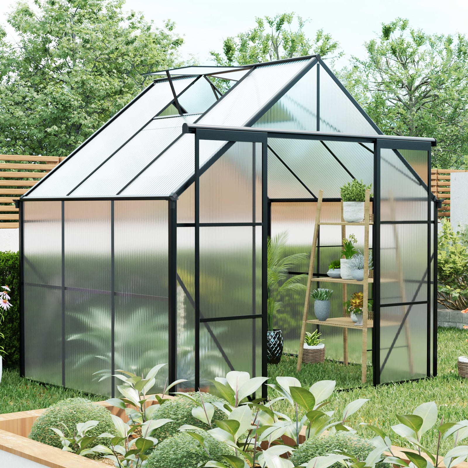 8x8 FT Double Door Polycarbonate Greenhouse Raised Base And Anchor Aluminum Heavy Duty Walk-in ...