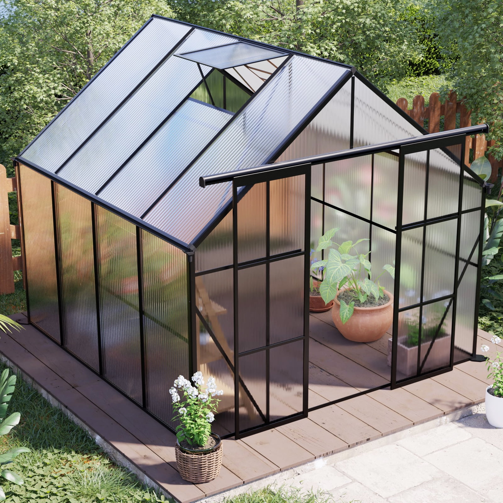 8x8 FT Double Door Polycarbonate Greenhouse Raised Base and Anchor ...
