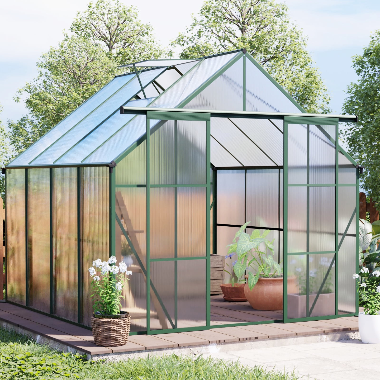8x8 FT Double Door Polycarbonate Greenhouse Raised Base and Anchor Aluminum Heavy Duty Walk-in ...