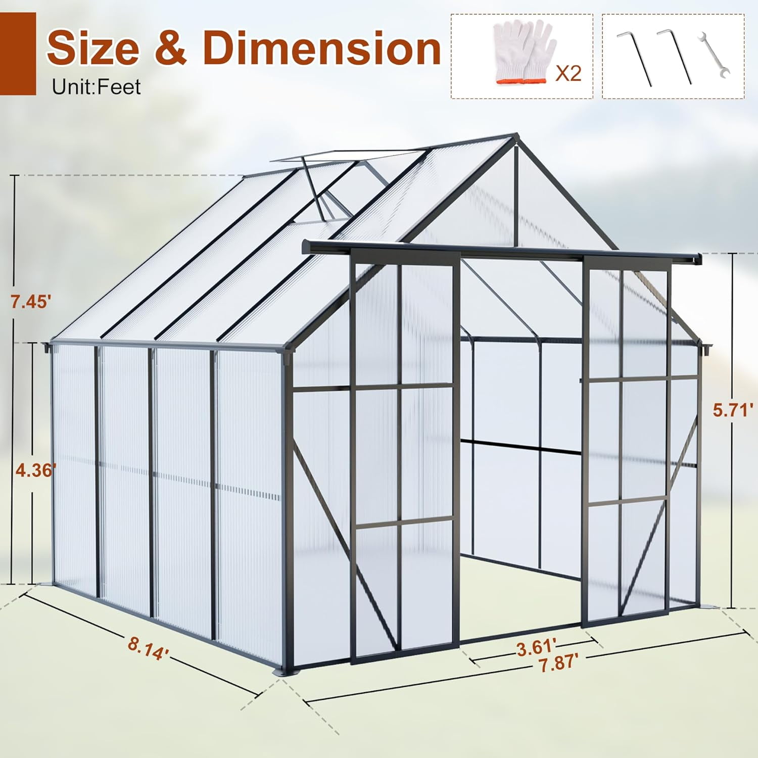 8x8 FT Greenhouse for Outdoors, Walk-in Backyard Greenhouses Double Door with Polycarbonate ...