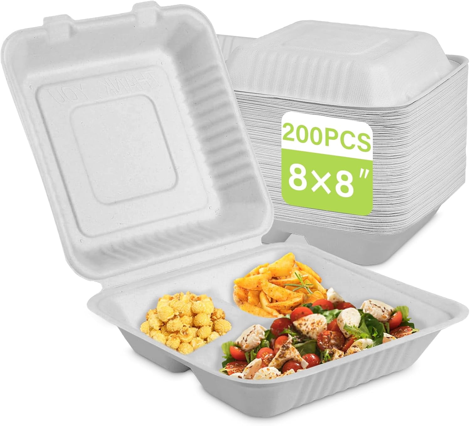 8x8 To Go Containers With Lids, 200 Pack Clamshell Take Out Containers ...