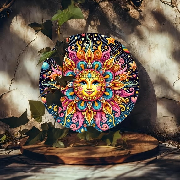 8x8 Inch Bohemian Round Metal Wall Art - Vibrant Sun Design with Cosmic ...