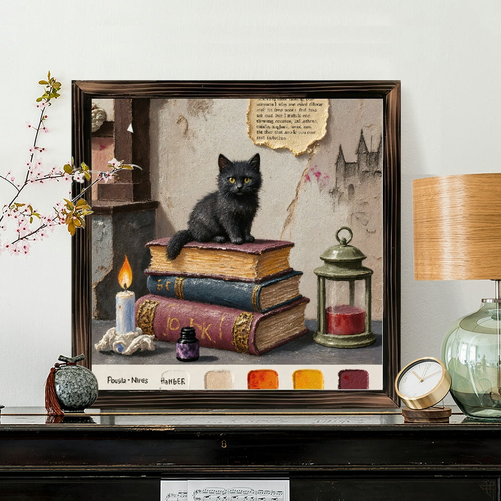 8x8 Inch Framed Square Wood Wall Art, Whimsical Black Kitten Sitting on ...