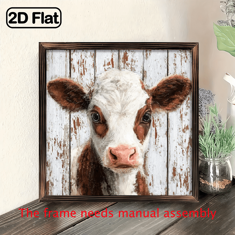8x8 Inch Framed Wall Art - Rustic Farmhouse Cow Painting Wood ...