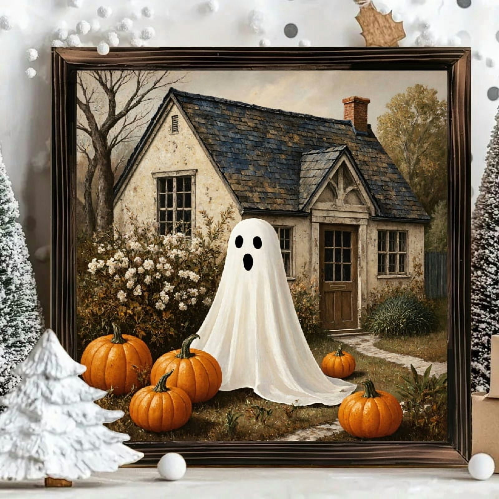 8x8 Inch Framed Wood Panel Wall Art Square Painting, Classic Ghost and ...