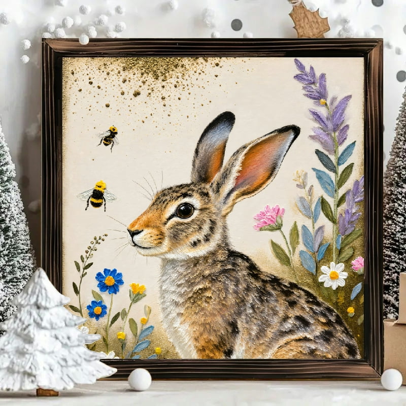 8x8 Inch Framed Wood Panel Wall Art Square Painting Whimsical Rabbit ...