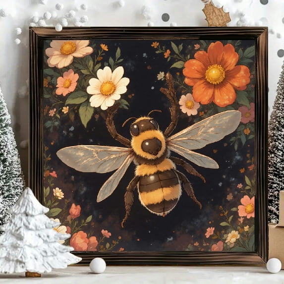 8x8 Inch Framed Wood Wall Art, Bumblebee and Wildflower Square Painting ...