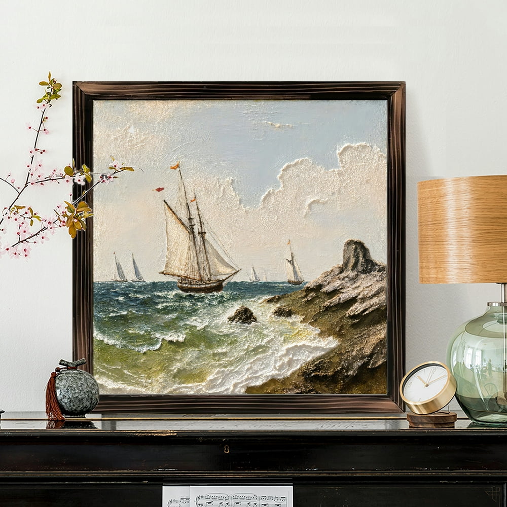 8x8 Inch Framed Wood Wall Art, Coastal Seascape Impressionist Oil ...