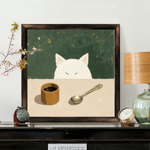 8x8 Inch Framed Wood Wall Art, Cozy Cat with Coffee Square Painting on ...