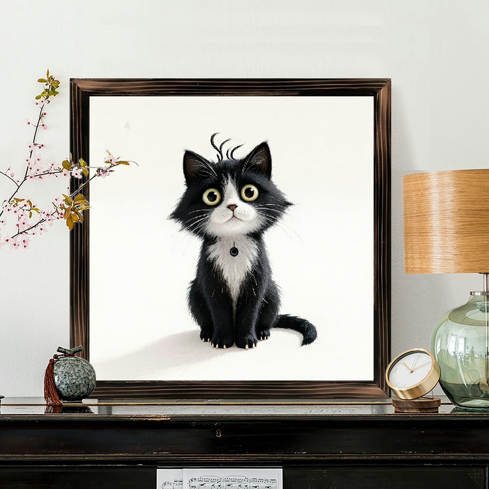 8x8 Inch Framed Wood Wall Art, Cute Fluffy Black and White Kitten ...