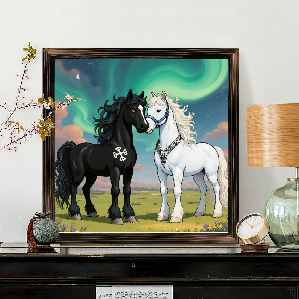 8x8 Inch Framed Wood Wall Art, Fantasy Aurora Landscape with Two ...
