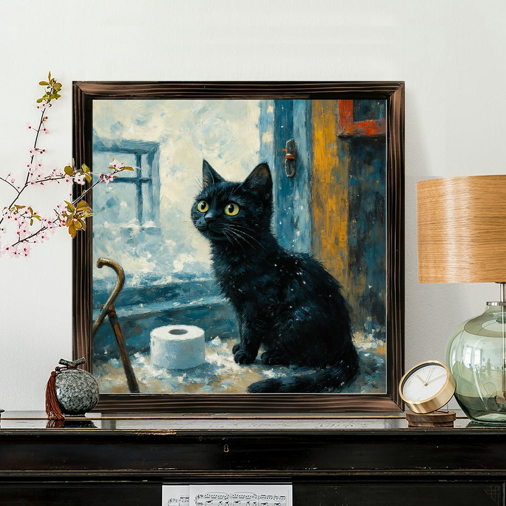 8x8 Inch Framed Wood Wall Art, Fluffy Black Cat with Yellow Eyes Snowy ...