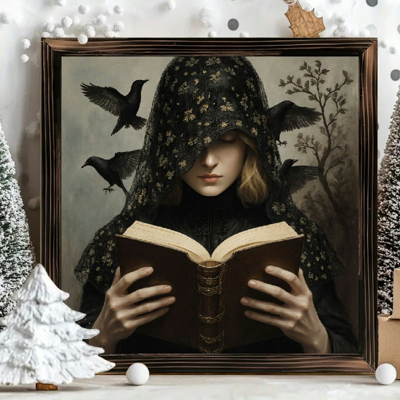8x8 Inch Framed Wood Wall Art, Gothic Woman Reading Book with Ravens ...