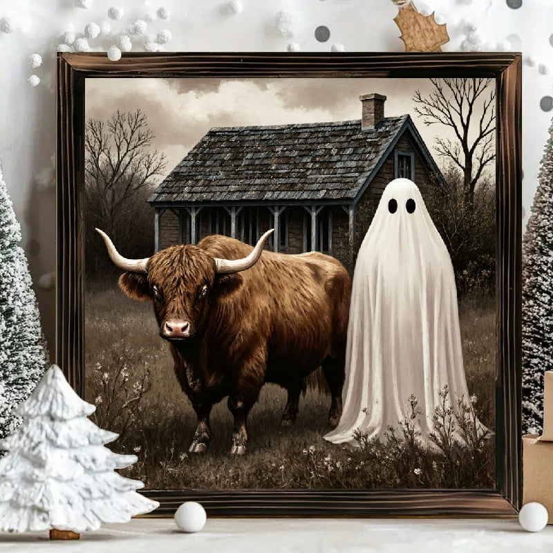 8x8 Inch Framed Wood Wall Art, Highland Bull and Ghost Square Painting ...