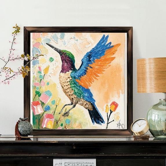 8x8 Inch Framed Wood Wall Art, Hummingbird Painting with Textured ...