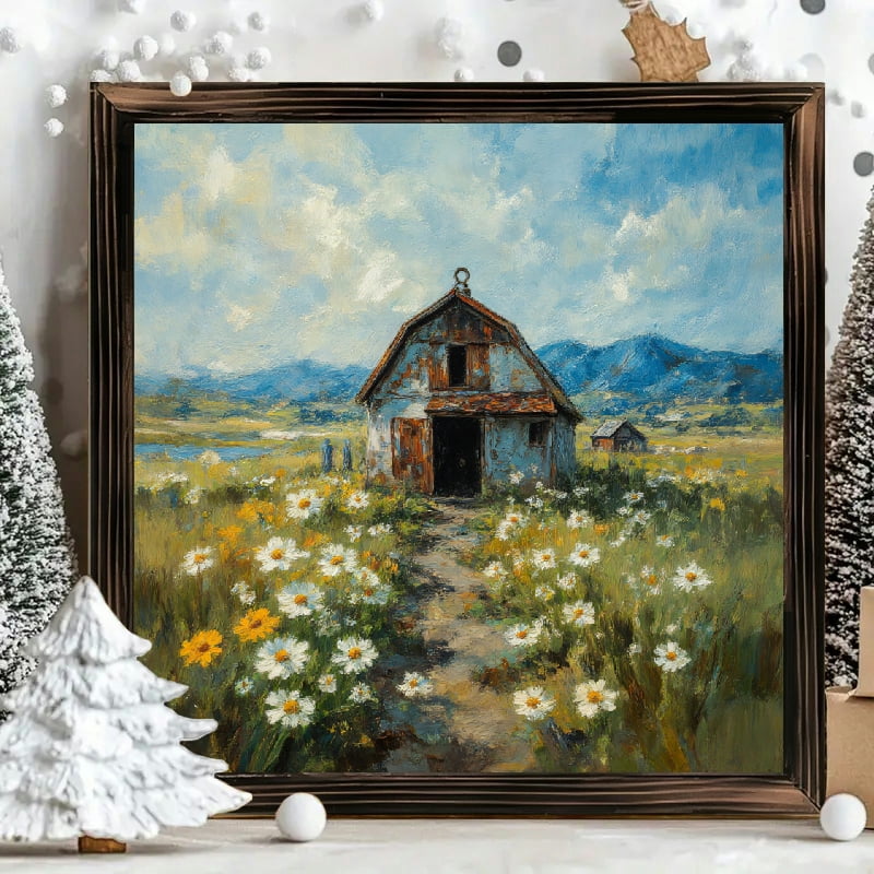 8x8 Inch Framed Wood Wall Art, Impressionist Rustic Barn in Wildflower ...