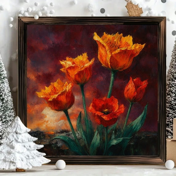 8x8 Inch Framed Wood Wall Art, Impressionist Vibrant Poppy Flower ...