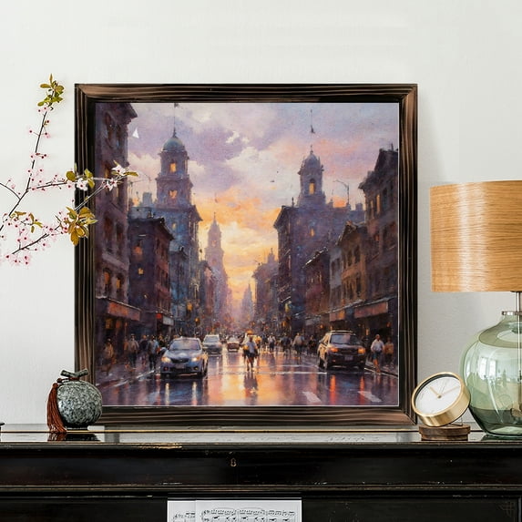 8x8 Inch Framed Wood Wall Art, Impressionistic City Street Sunset ...