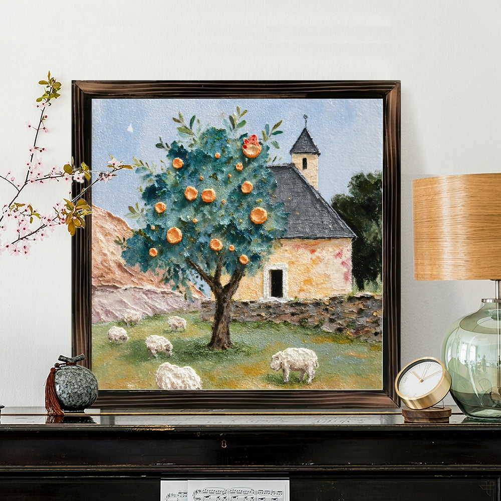8x8 Inch Framed Wood Wall Art, Impressionistic Rural Landscape with ...
