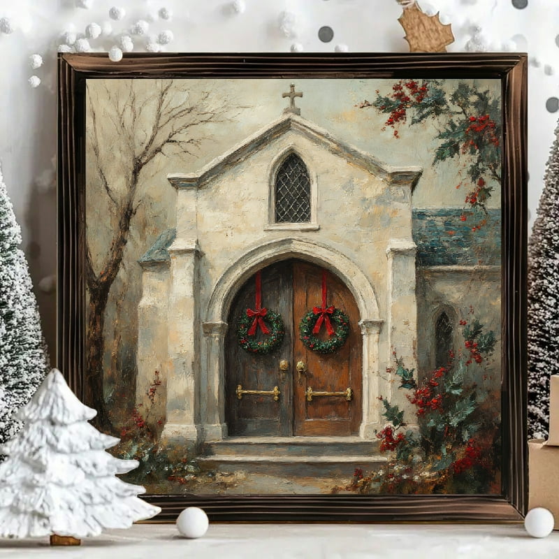 8x8 Inch Framed Wood Wall Art, Impressionistic Stone Church with ...