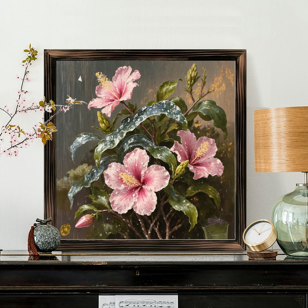 8x8 Inch Framed Wood Wall Art, Pink Hibiscus Flower Painting on Wood ...