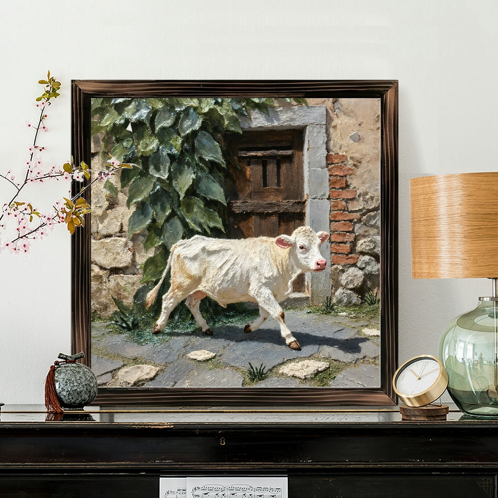 8x8 Inch Framed Wood Wall Art, Realistic Calf Walking on Cobblestone ...