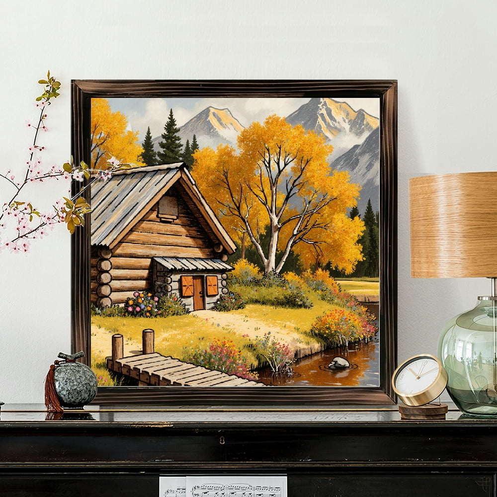 8x8 Inch Framed Wood Wall Art, Rustic Log Cabin Autumn Landscape Square ...