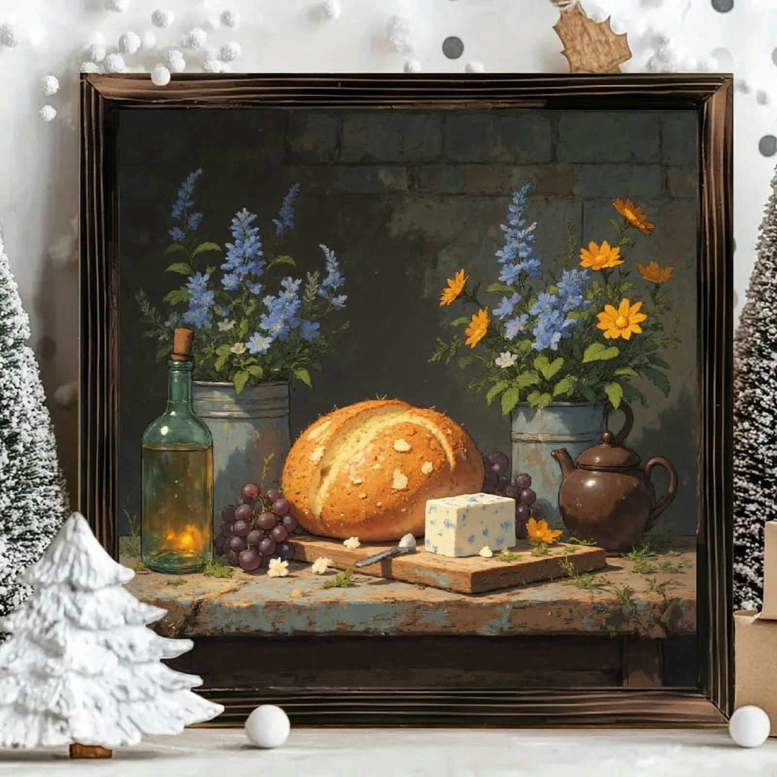 8x8 Inch Framed Wood Wall Art, Rustic Still Life Bread and Wine ...