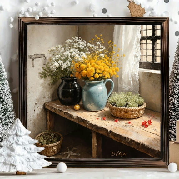 8x8 Inch Framed Wood Wall Art, Rustic Still Life Floral Painting on ...