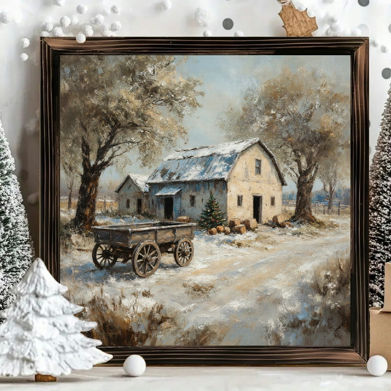 8x8 Inch Framed Wood Wall Art, Rustic Winter Farm Scene Square Painting ...