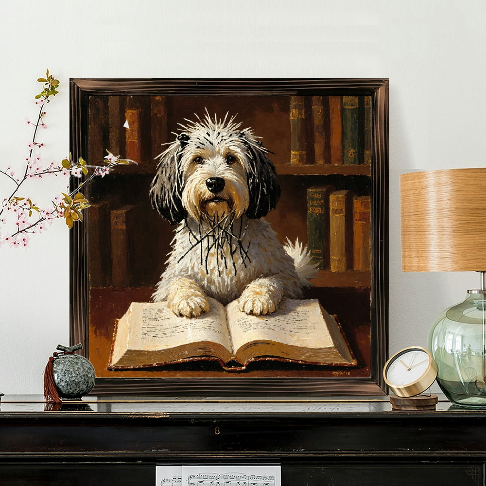 8x8 Inch Framed Wood Wall Art, Scruffy Dog Reading Book Classical ...