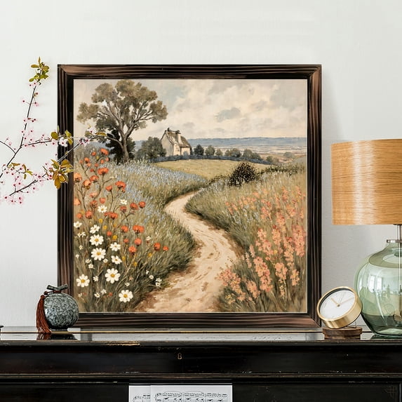8x8 Inch Framed Wood Wall Art, Serene Rural Landscape with Stone ...