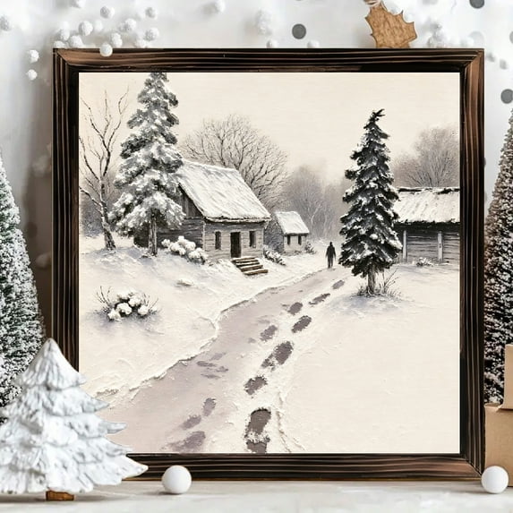 8x8 Inch Framed Wood Wall Art, Snowy Rural Village Landscape Square ...